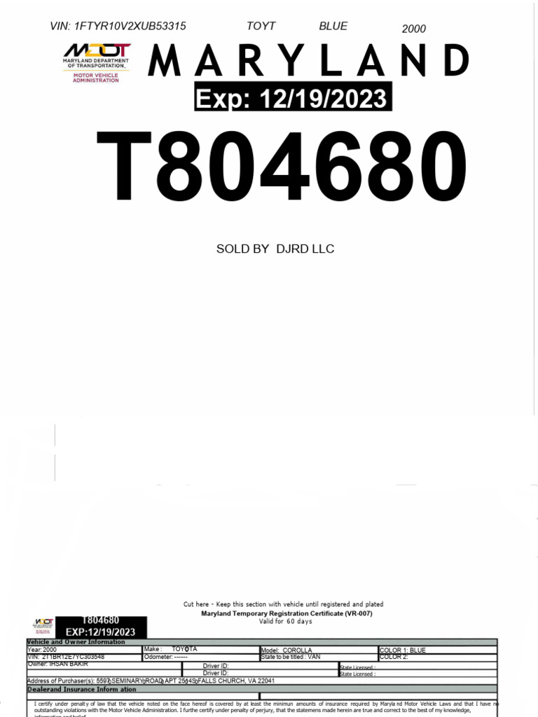 Maryland Temporary Vehicle Registration | PDF