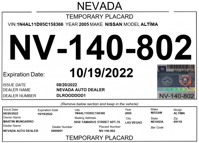 Nevada Temporary Placard Details | PDF