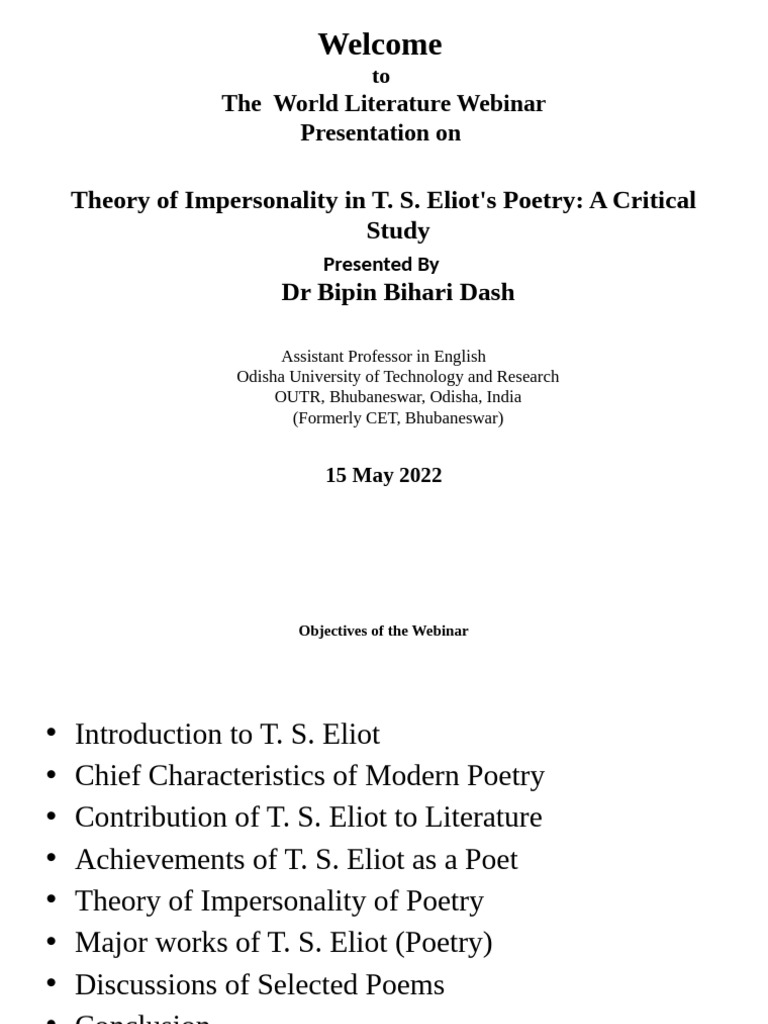 PresentationonT.S.eliotatWorldLiteratureWebinar | PDF | T. S. Eliot ...