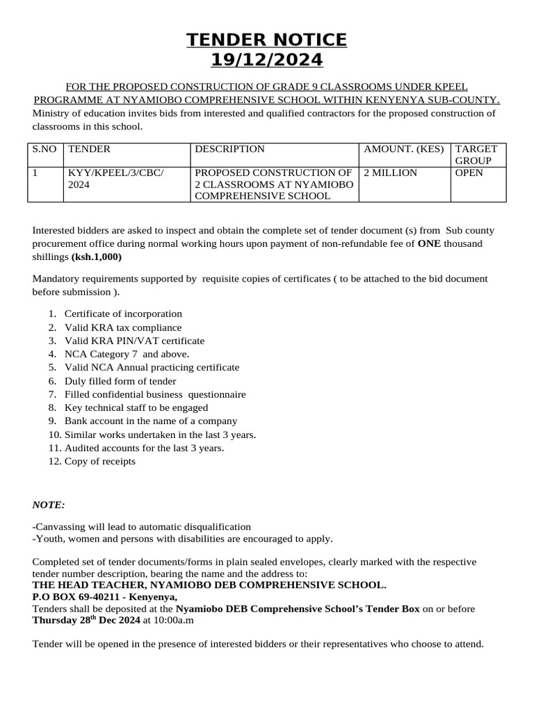 Nyamiobo Tender TENDER NOTICE | PDF