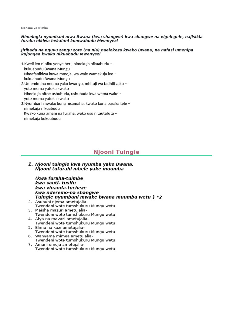 Catholic Swahili Songs Maneno Ya Wimbo | PDF
