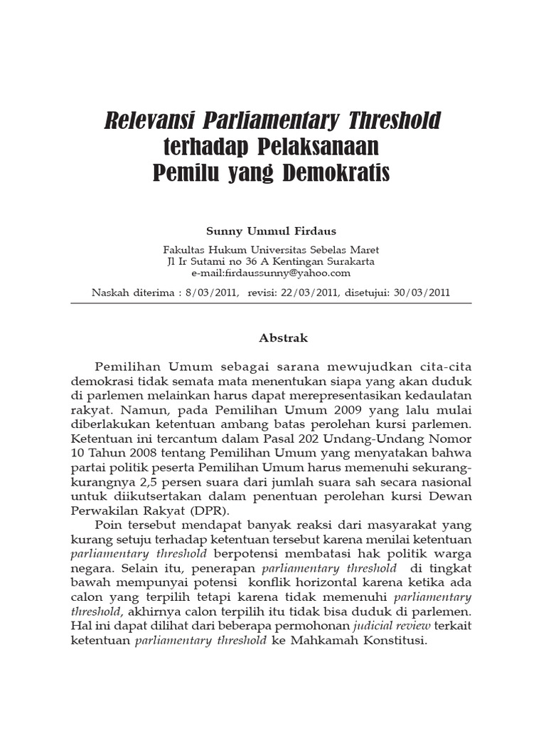 ID Relevansi Parliamentary Threshold Terhad | PDF | Governance ...