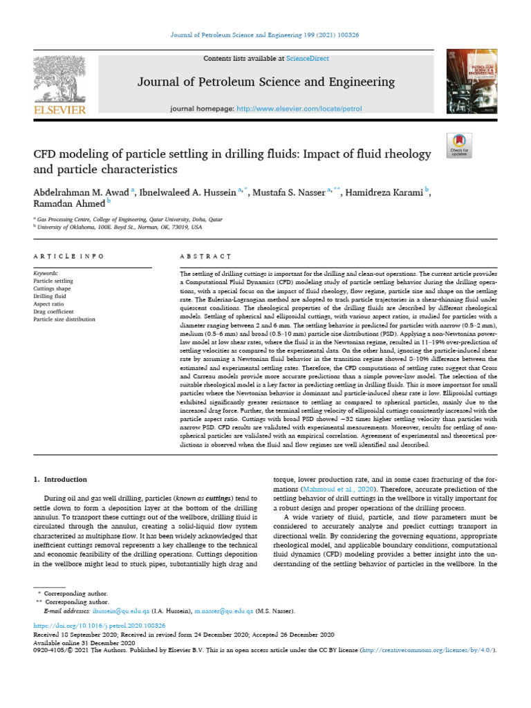 CFD Modeling of Particle Settling in Drilling Flui 2021 Journal of Petroleum | PDF | Shear ...