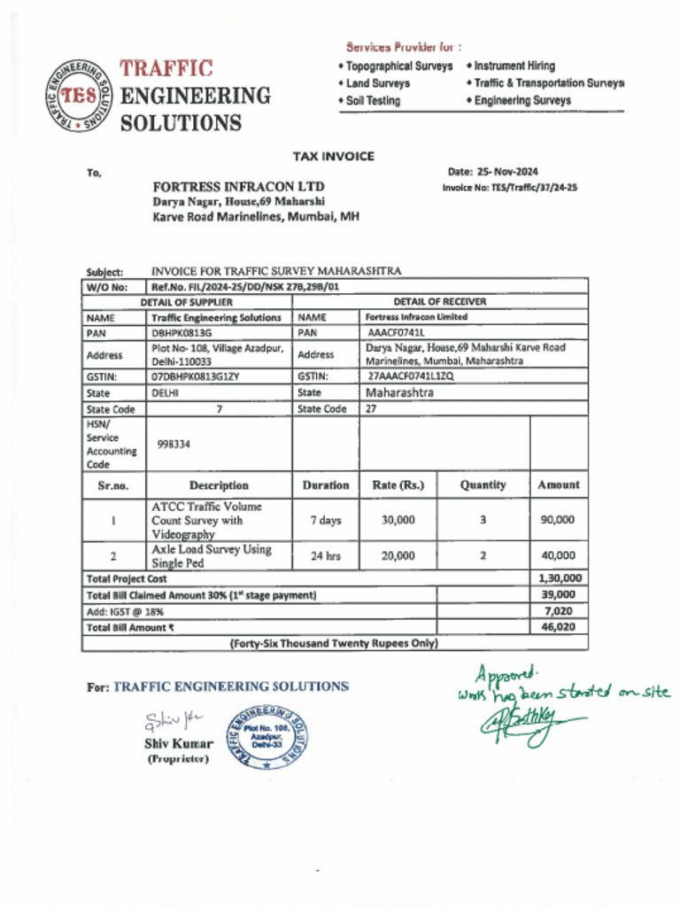 Traffic Survey Mobilisation Invoice- NSK27B & 29B | PDF