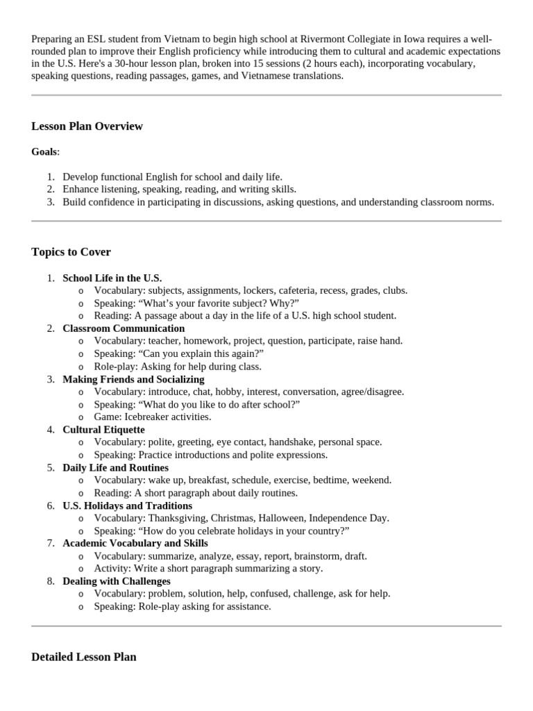 ESL Lesson Plan for Vietnamese Students | PDF | Lesson Plan | Reading ...