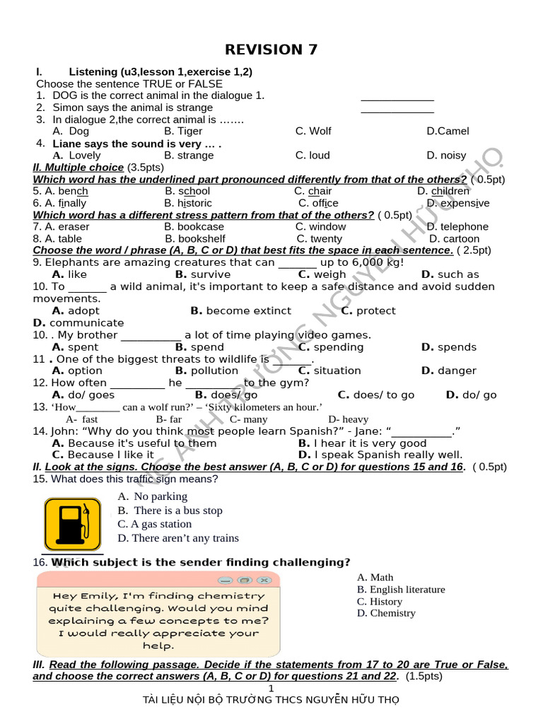 Revision 7: I. Listening (U3, Lesson 1, Exercise 1,2) | PDF | Desert | Oil Spill