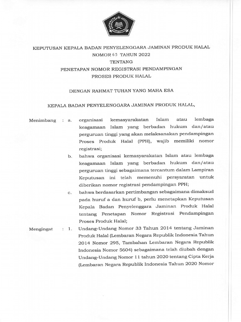 2022_65. Kepkaban 65 Ttg 2022 Ttg Penetapan Noreg Pendampingan PPH | PDF