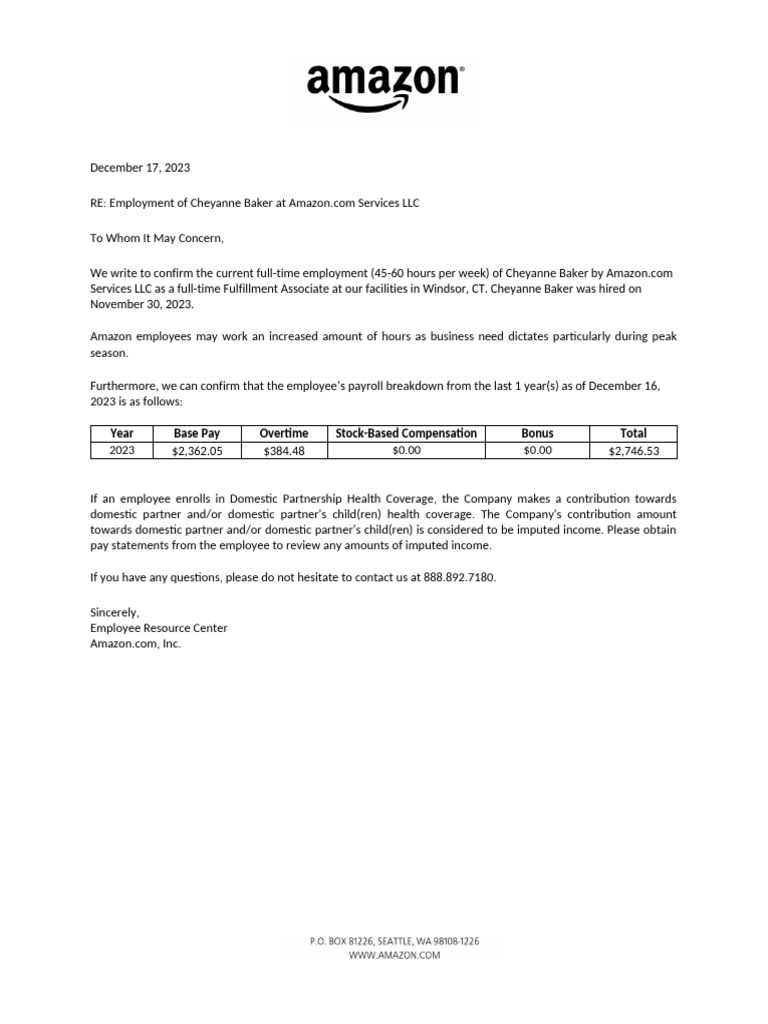 Amazon Employment Verification for Cheyanne Baker | PDF