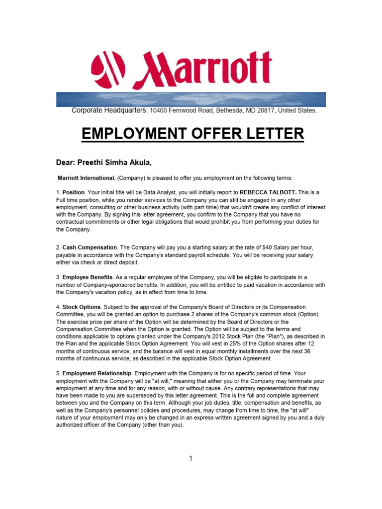 Marriott Employment Offer Letter. (Psa) - 2 | PDF | Employment ...