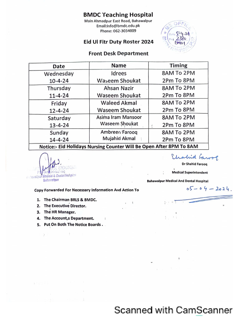 Front Desk Department Roster | PDF