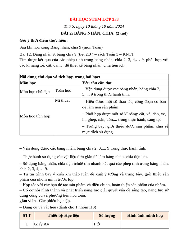BH STEM 3_Bài 2_Bảng nhân, chia_KHBD | PDF