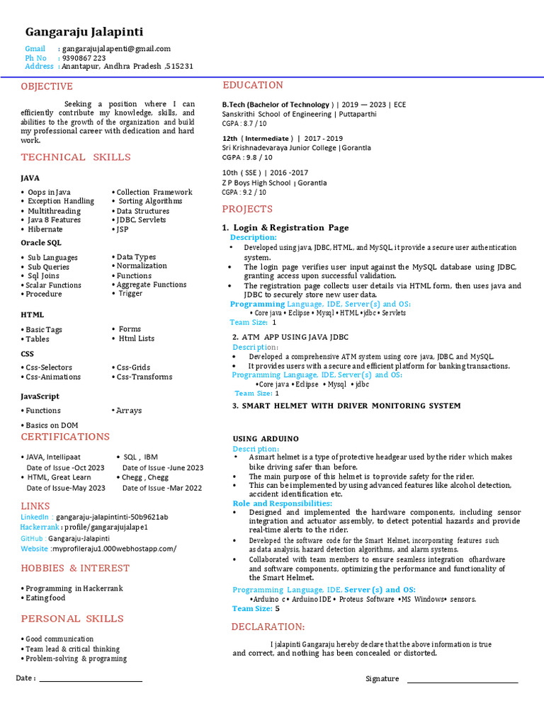 Gangarajujalipinti Resume | PDF | Java (Programming Language) | My Sql