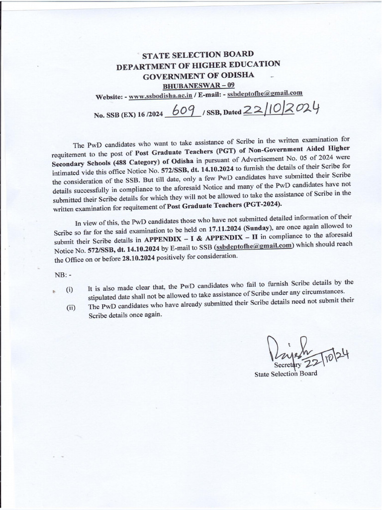 Notice For Use of Scribe by PWD Candidates Written Exam Recruitment of ...