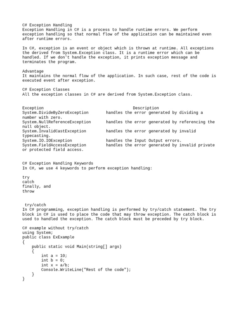 Exception Handling | PDF | C Sharp (Programming Language) | Systems ... Exception Handling | PDF | C Sharp (Programming Language) | Systems ...
