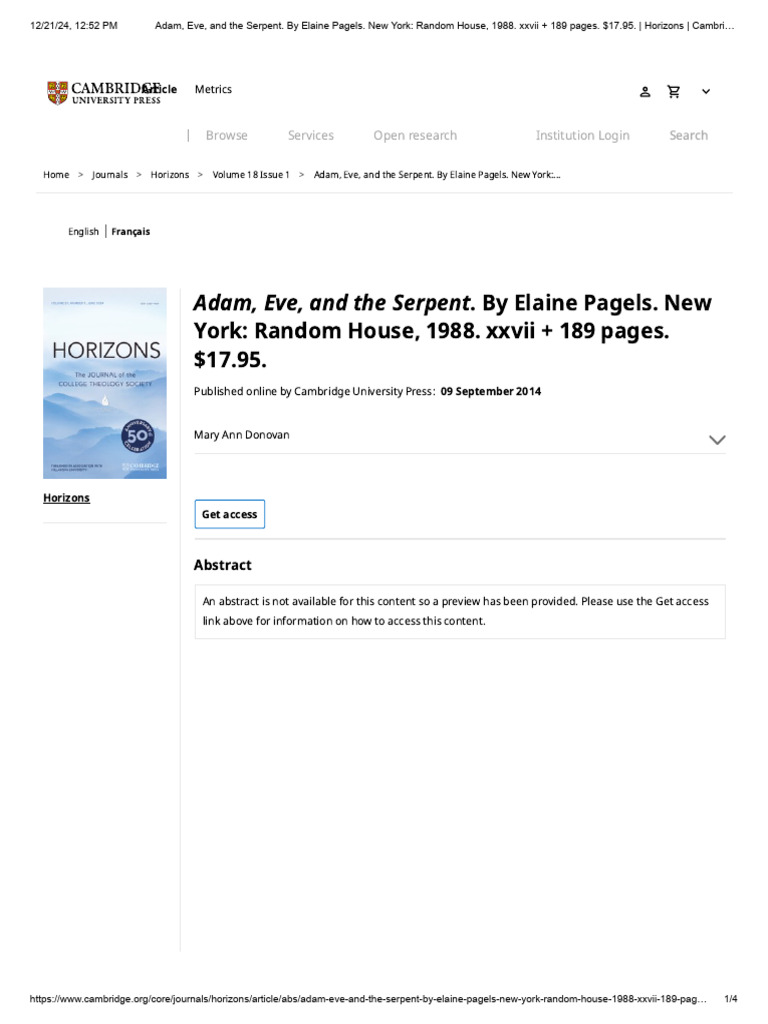 Adam, Eve, and The Serpent. by Elaine Pagels. New York - Random House ...