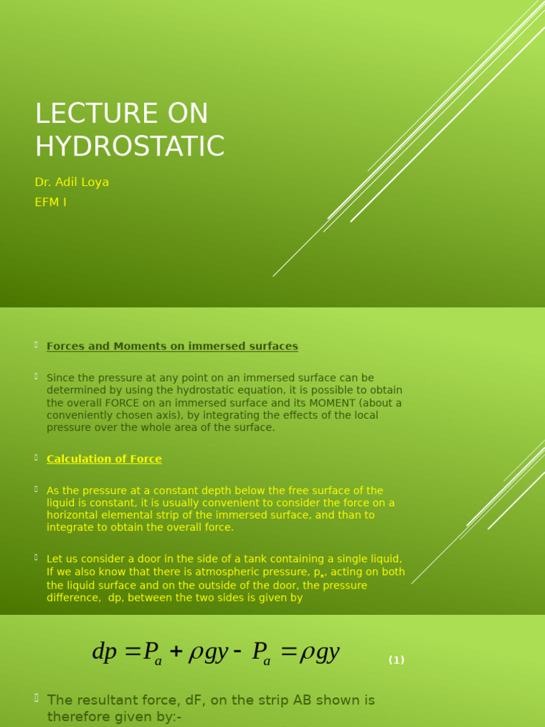 Lecture On Hydrostatic | PDF | Pressure | Force