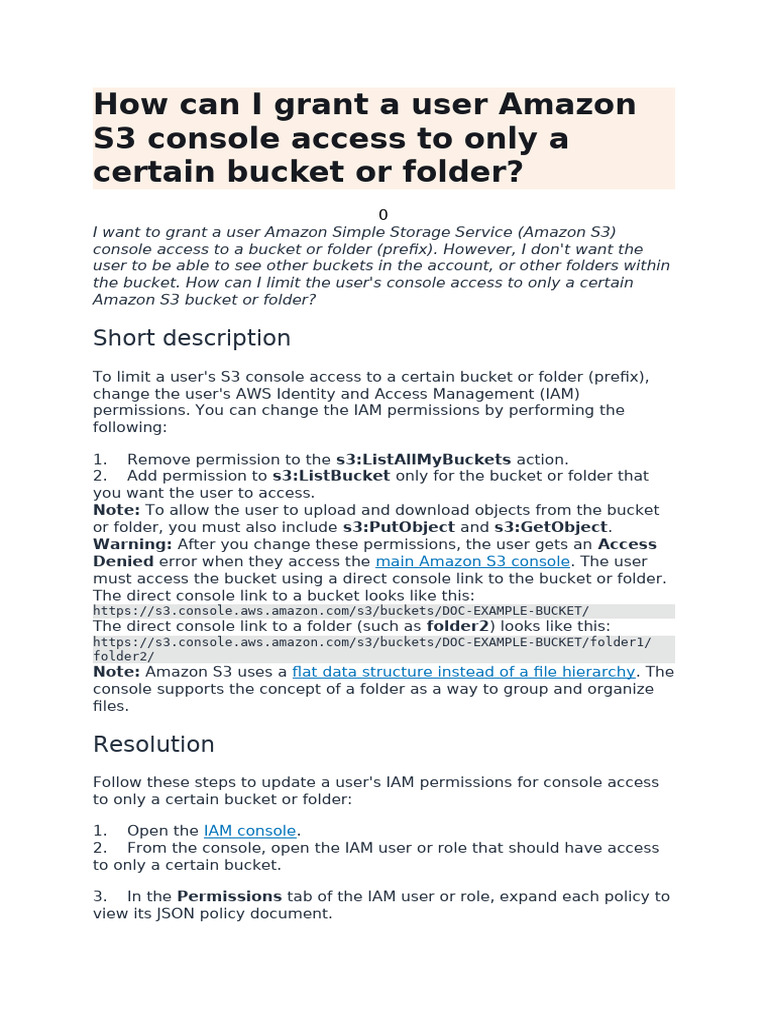 How Can I Grant A User Amazon S3 Console Access To Only A Certain Bucket or Folder | PDF ...