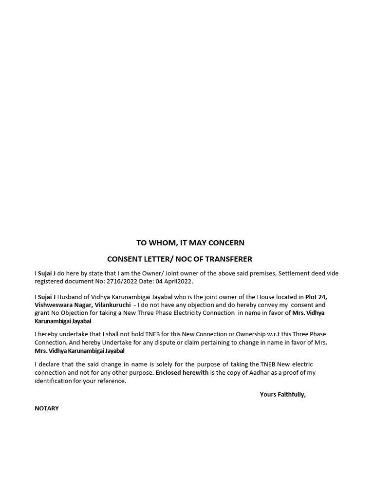 Consent Letter for Electricity Connection | PDF