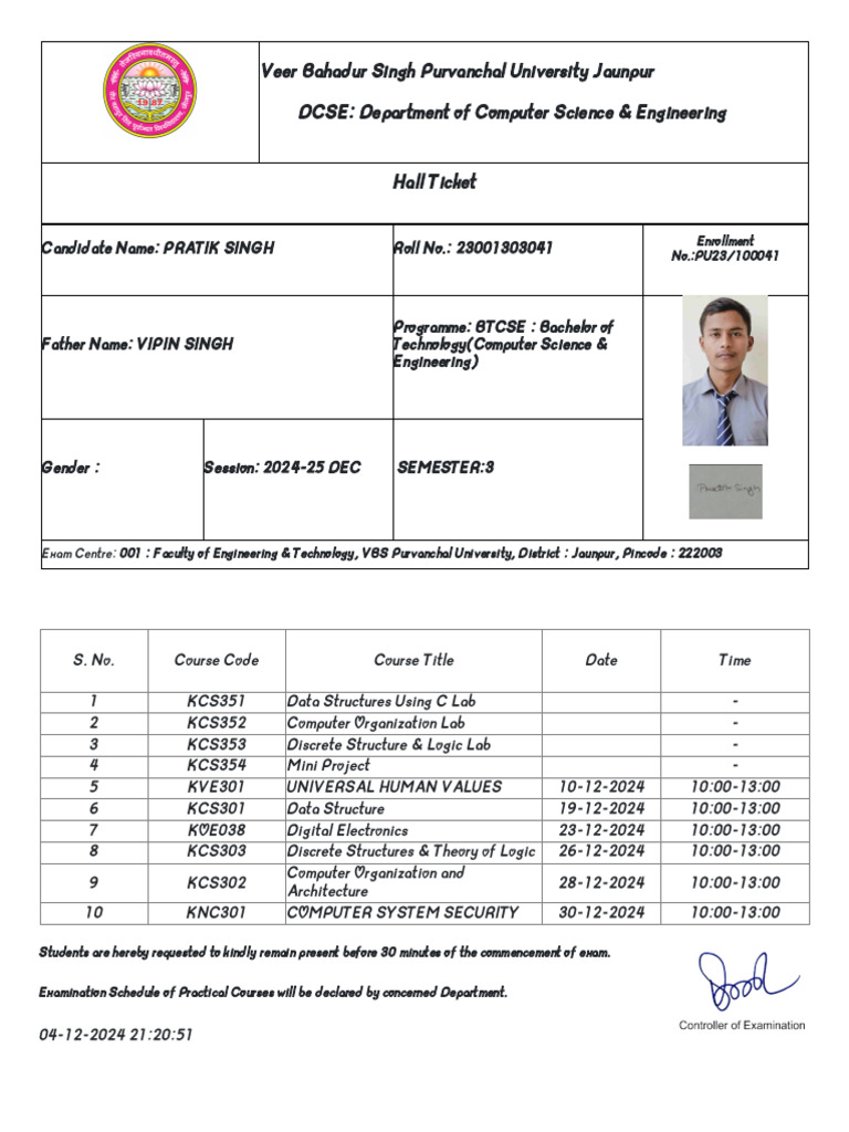 admit card sem 3rd | PDF | Computing | Engineering