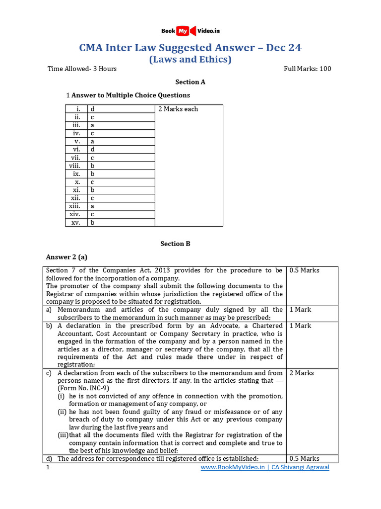 CMA Inter Law Test Suggested Answer - Dec 2024 | PDF | Limited ...