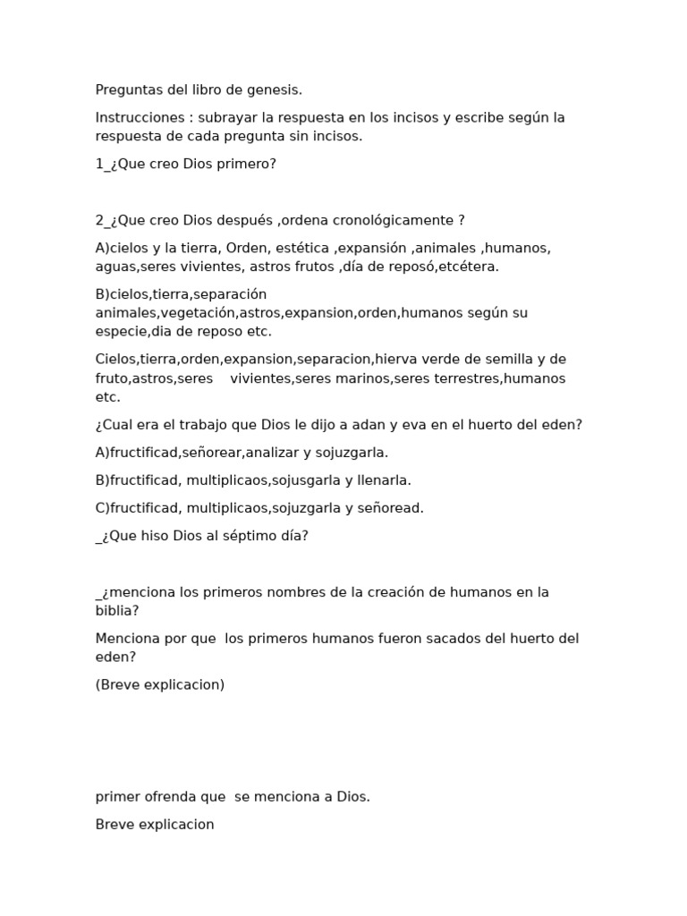 Cuestionario Del Libro de Genesis. | PDF