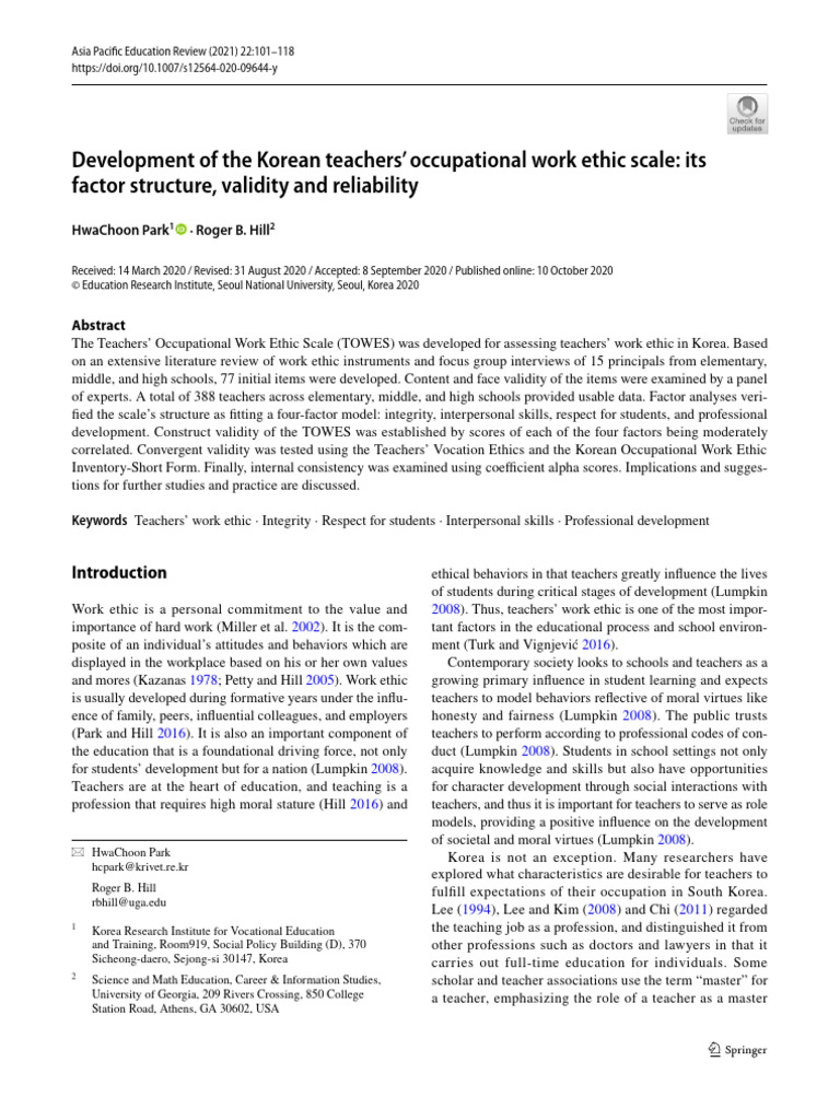 Development of The Korean Teachers' Occupational Work Ethic Scale - Its ...