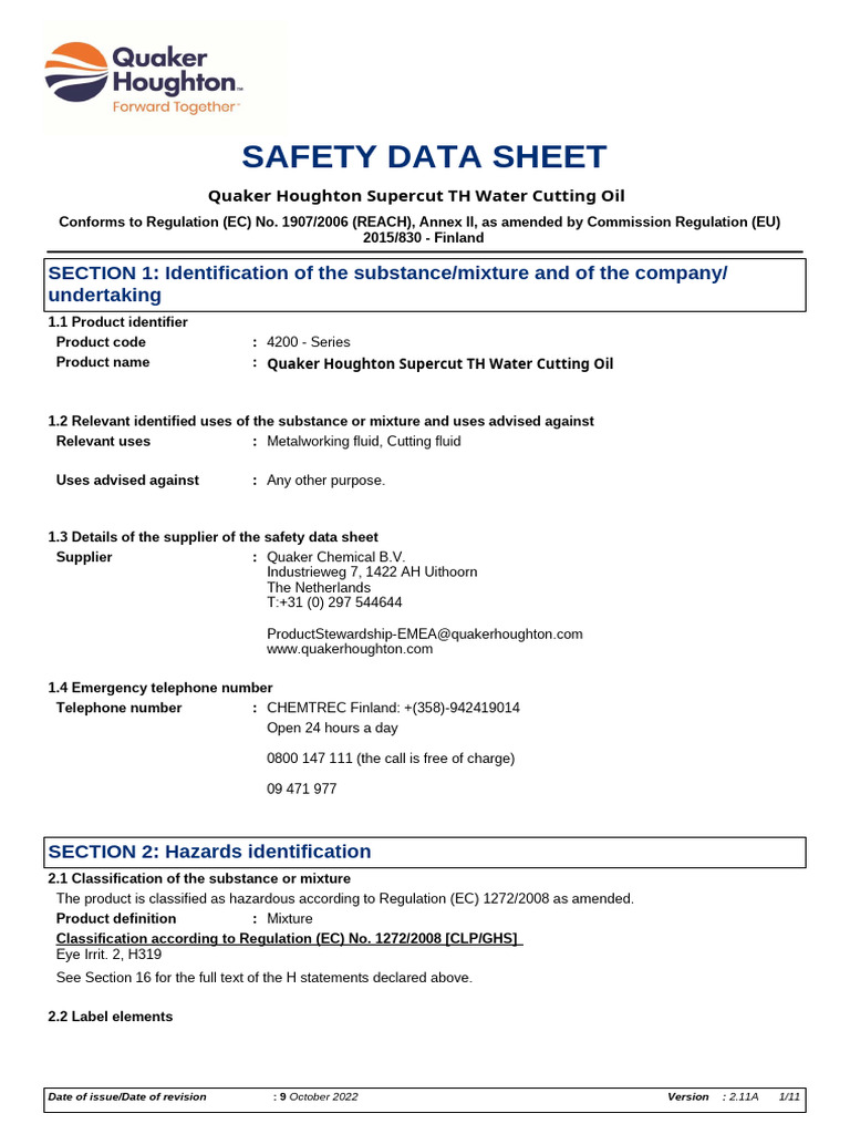 SDS Houghton SUPERCUT ++TH+ Msds V2-11a | PDF | Chemistry ...