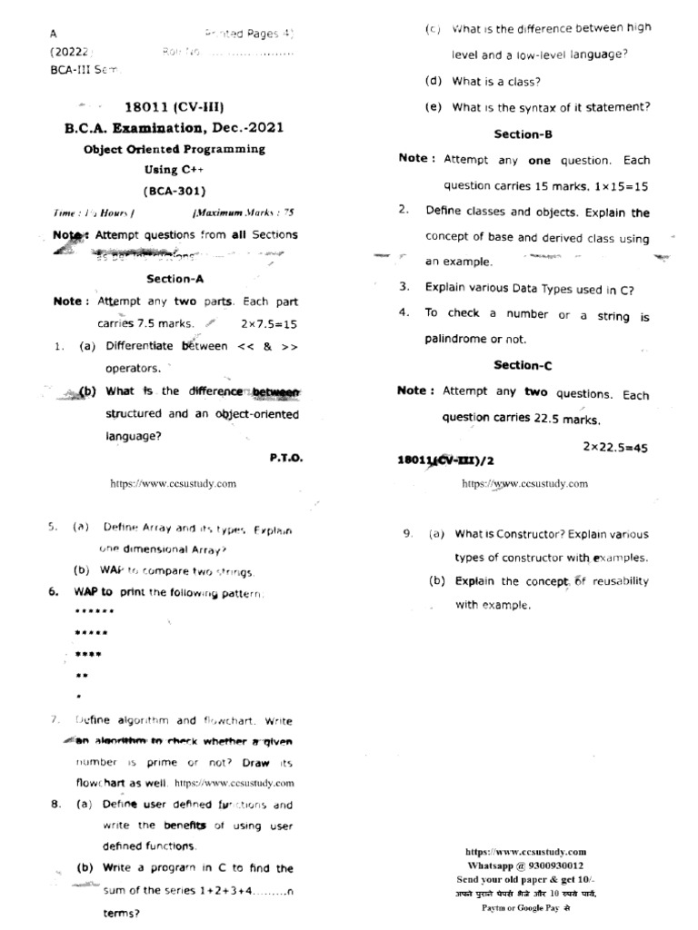 Bca 3 Sem Object Oriented Programming Using Cpp 18011 Cv3 Dec 2021 Pdf