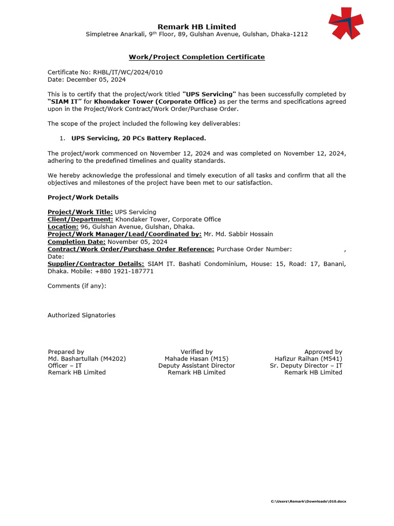 UPS Servicing Completion Notice | PDF