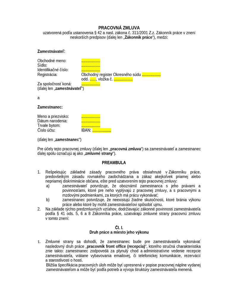 PRACOVNA-ZMLUVA Recepcia Vzor 2022-SK | PDF