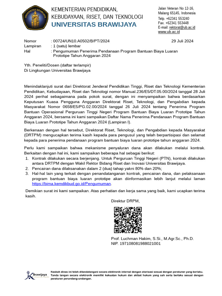 0724 Pengumuman Penerima Pendanaan Program Bantuan Biaya Luaran Prototipe Tahun Anggaran 2024 | PDF