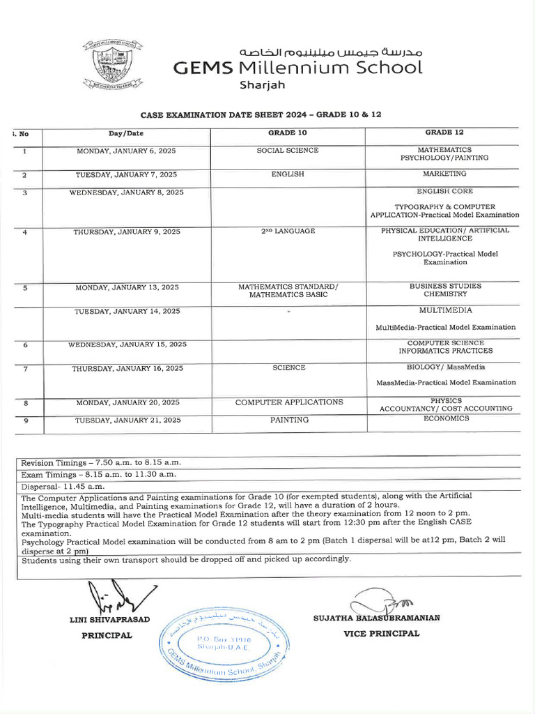 CASE Examination Date Sheet - Grade 10 and 12 | PDF