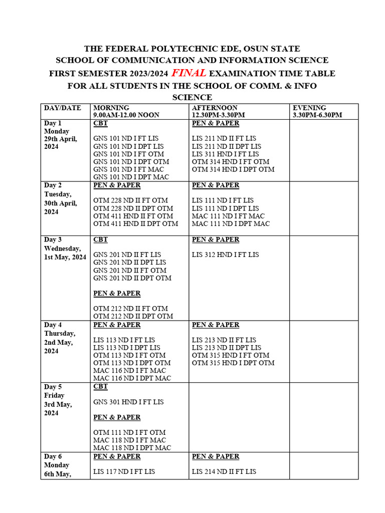 Scis 2024 Exam Timetable-1 | PDF