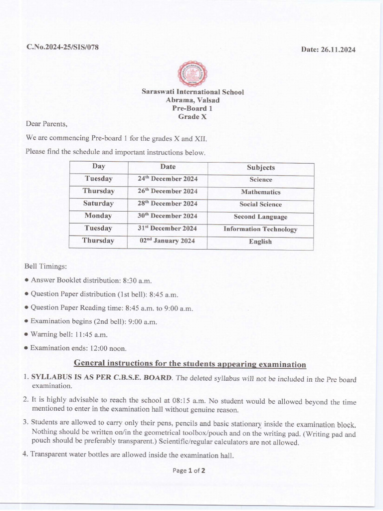 Grade X Pre Board 1 Date Sheet 2024-25 | PDF