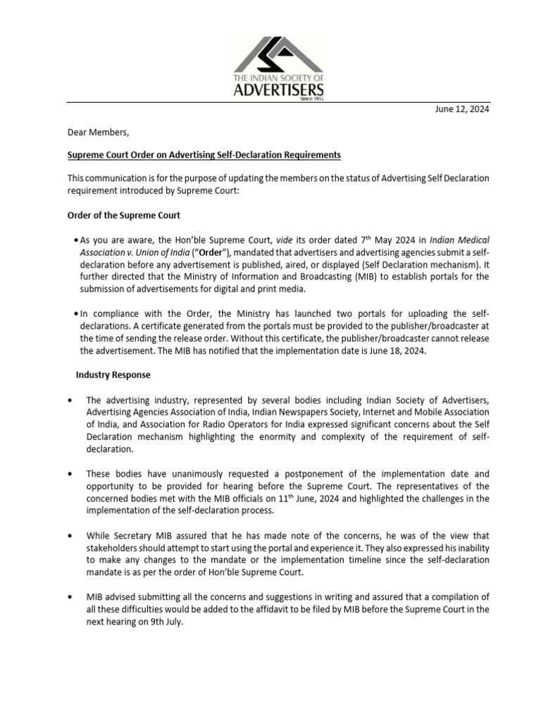 ISA Advisory - Self Declaration-1 | PDF | Advertising