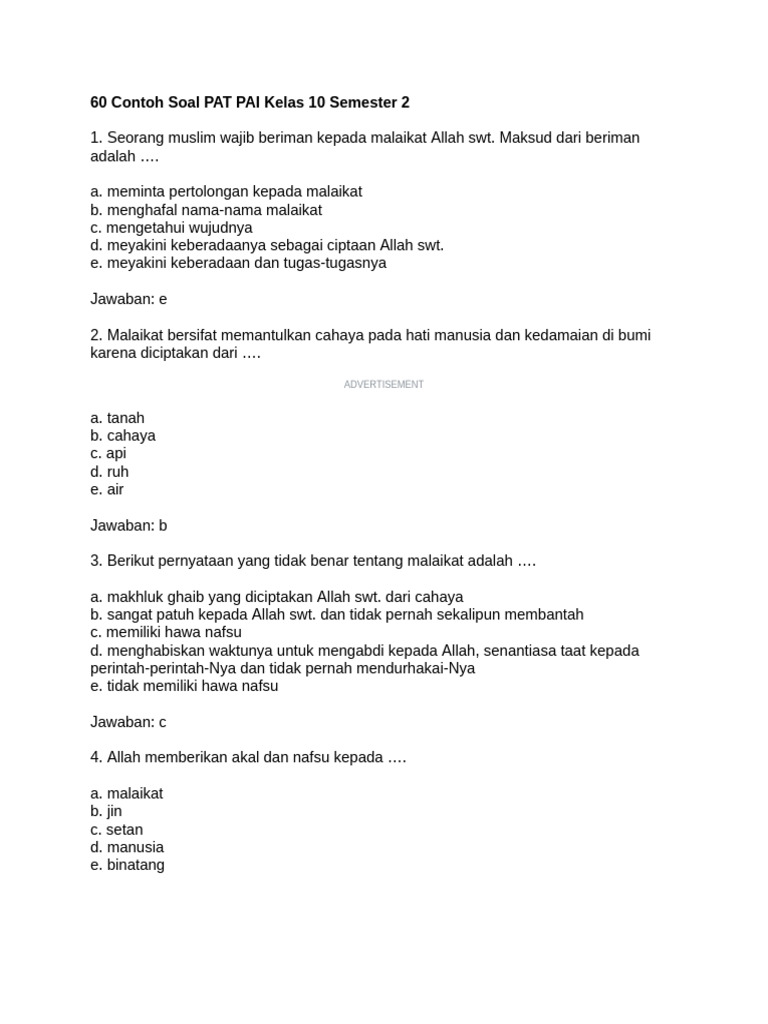 60 Contoh Soal PAT PAI Kelas 10 Semester 2 | PDF