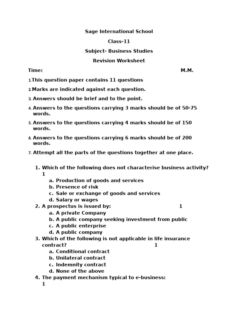 Class 11 Business Studies Revision Worksheet | PDF | Cash | Economies