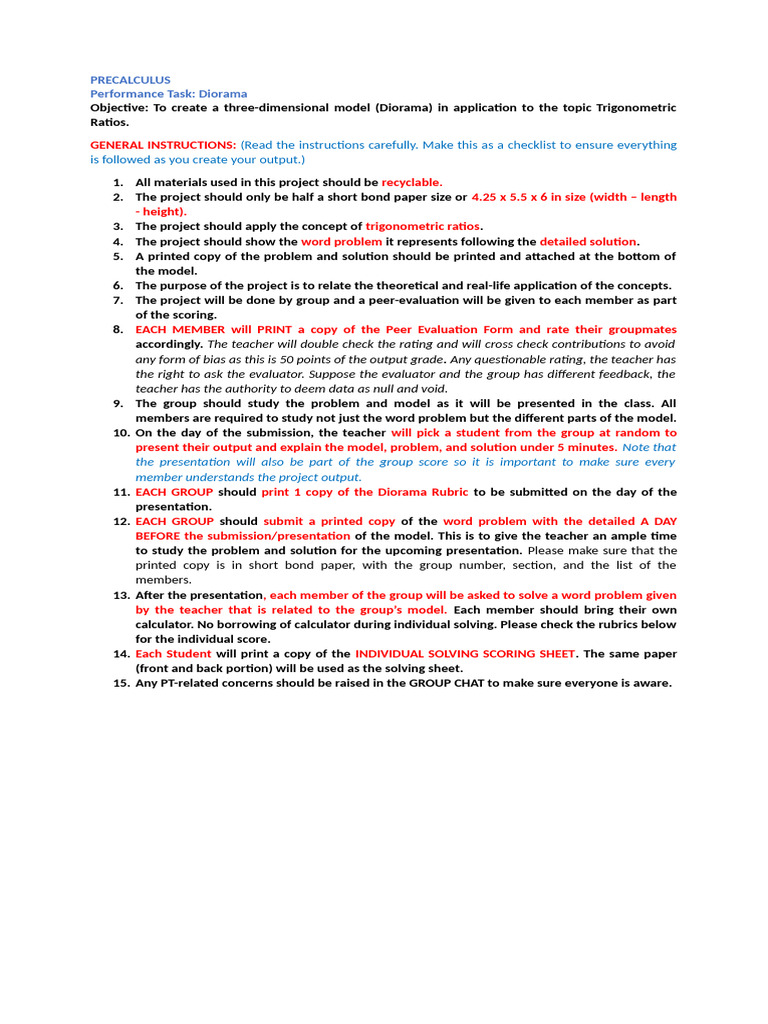 2Q Pre Calculus Instructions - Sy2425 | PDF | Rubric (Academic ...