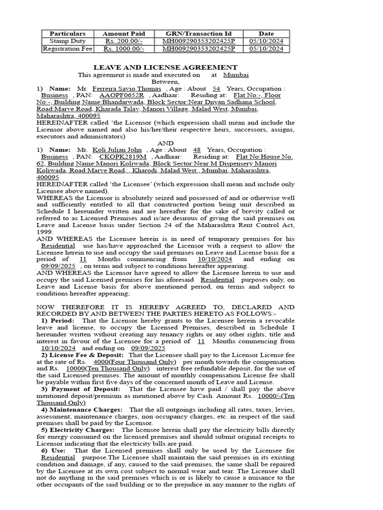 MR Savio Thomas Ferreira - LL Agreement | PDF | License | Landlord