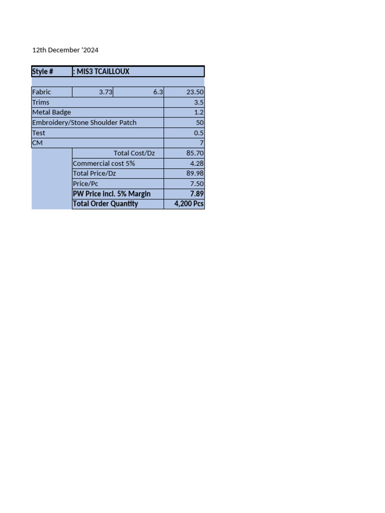 Fashion Production Cost Breakdown | PDF