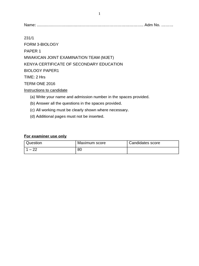 Form 3 Biology Exam Paper 1 2016 | PDF | Photosynthesis | Cellular ...