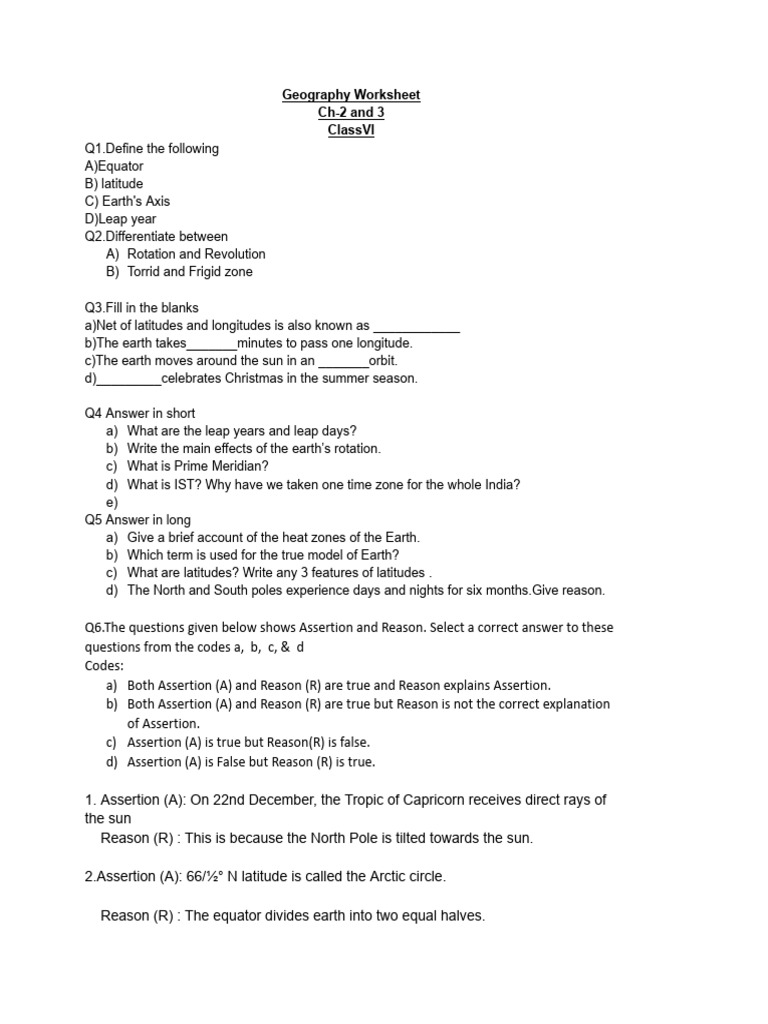 Geography Worksheet Class - 6 | PDF