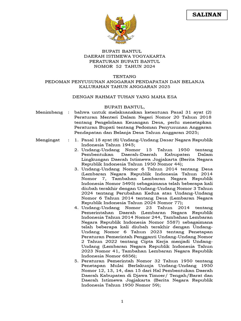 Perbup.2024-52-Pedoman Penyusunan Apbkal 2025 | PDF