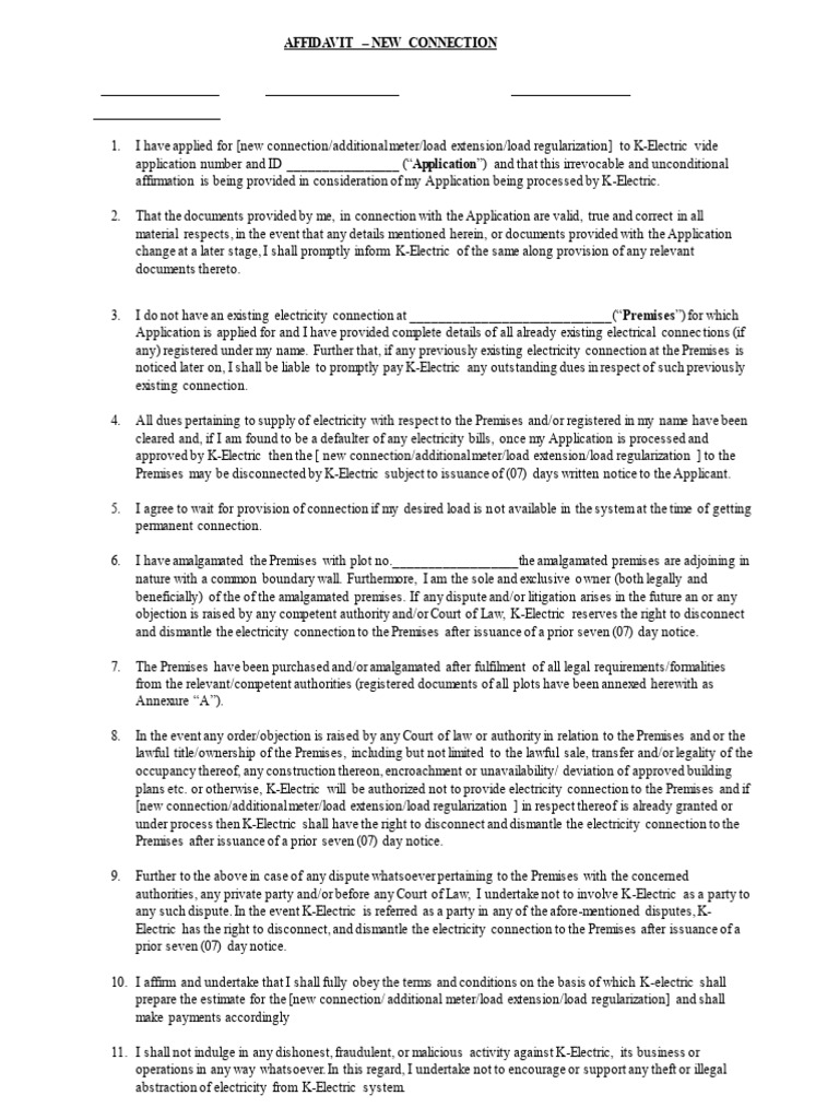 New Connection Standard Affidavit | PDF | Indemnity | Affidavit