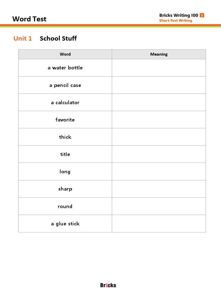 Bricks Writing 100_L1_Word Test_ENG | PDF | Cuisine | Foods Bricks Writing 100_L1_Word Test_ENG | PDF | Cuisine | Foods