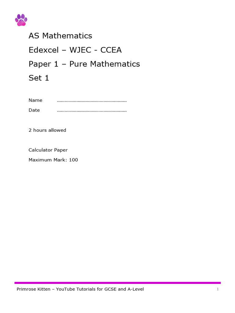 As Mathematics - Edexcel - WJEC - CCEA - Practice Set 1 - Paper 1 ...