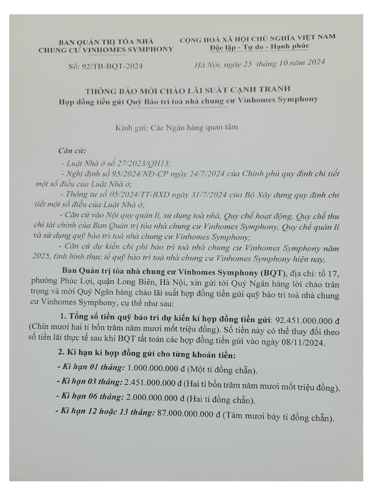 Thu moi chao lai suat TG 08112024 | PDF