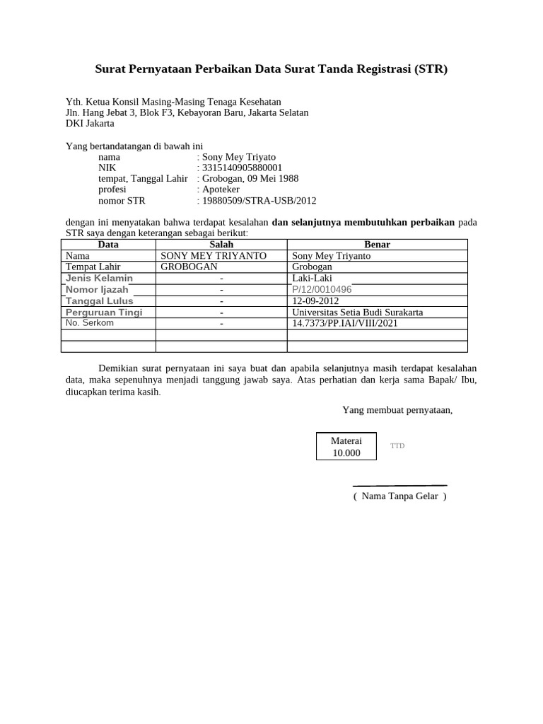Format Surat Pernyataan Perbaikan Data e-STR. | PDF