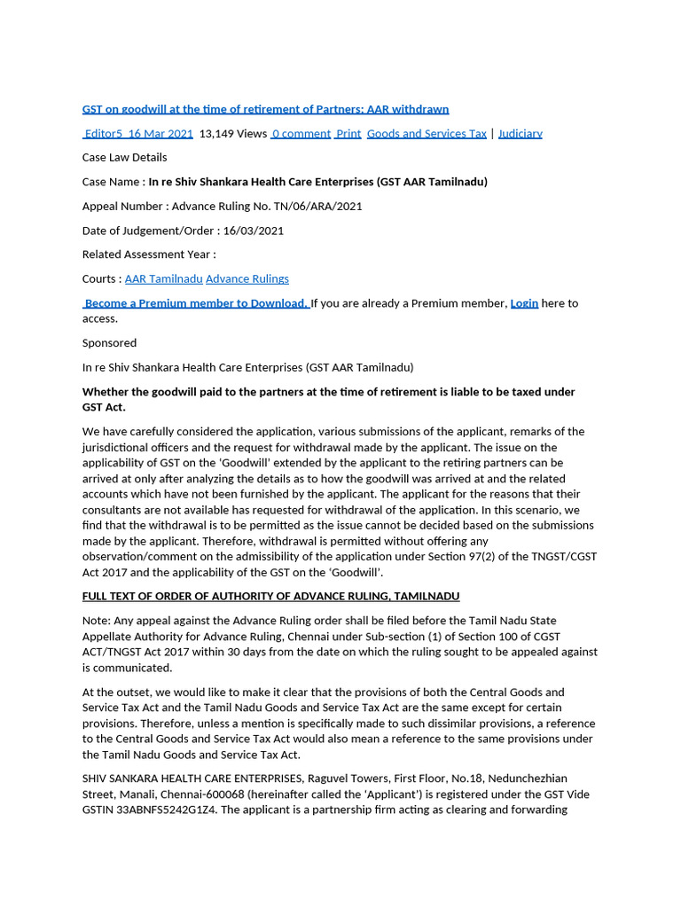 GST On Goodwill at The Time of Retirement of Partners | PDF | Goodwill ...