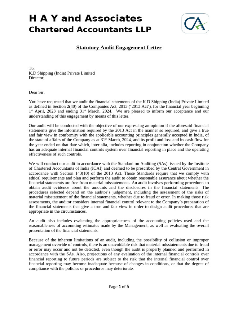 Statutory Audit - Engagement Letter | PDF | Audit | Financial Statement
